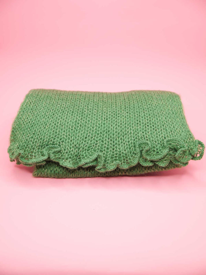 Green & gold metallic knit scallop edge scarf- Vintage at Goto